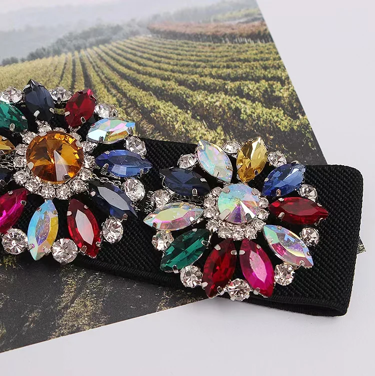 New Fashion Luxury Bling Shiny Elastic Rhinestone Flowers Belt Full ...