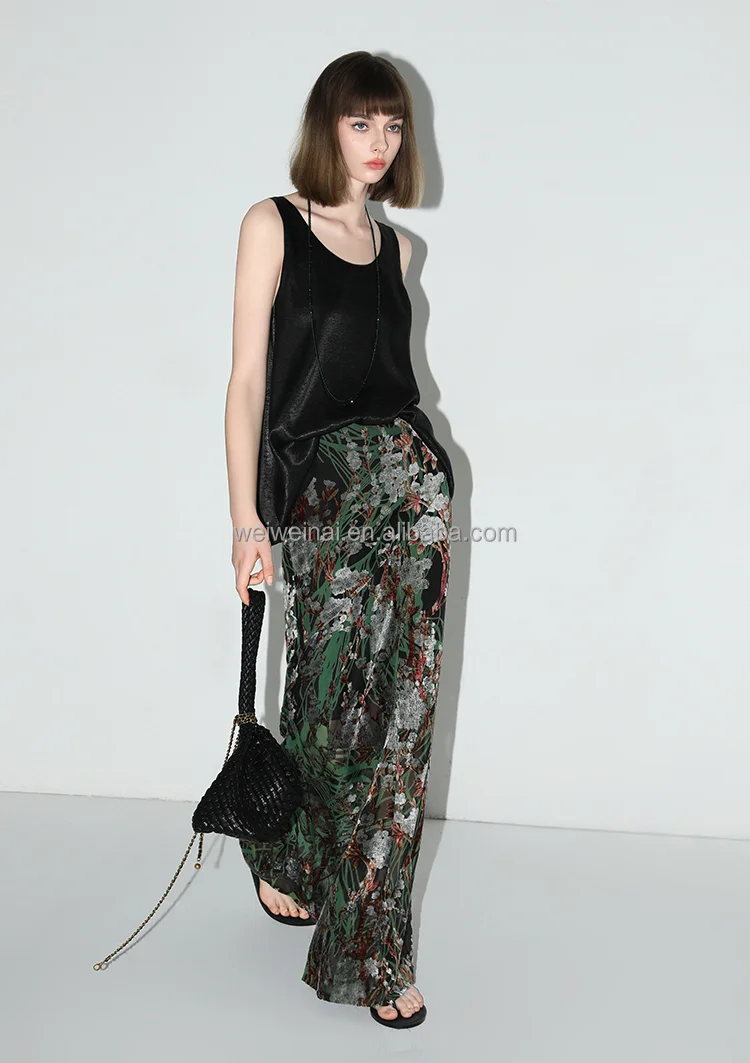 Niche Design Natural Waist Green Floral Pattern Lithe a Line Maxi ...