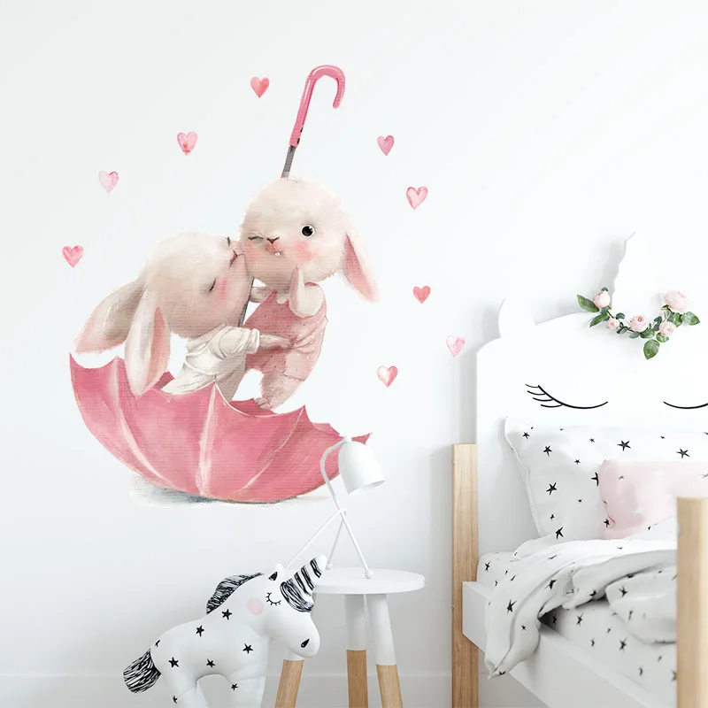 Cute Watercolor Pink Umbrella Rabbit Wallpaper Naughty Bunny Baby Kids ...