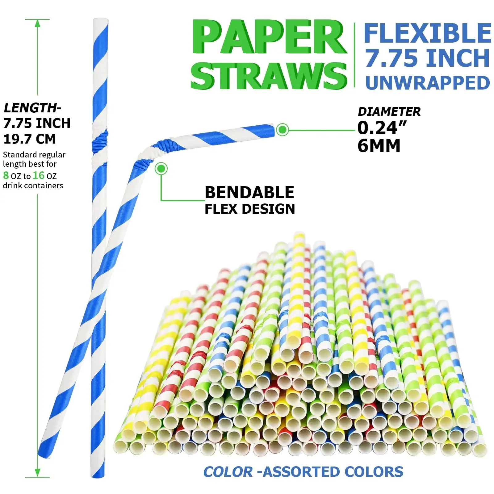 Bendy Flexible Bendable Straws Paper Dye-free,Ink-free,7.75" X 0.24 ...