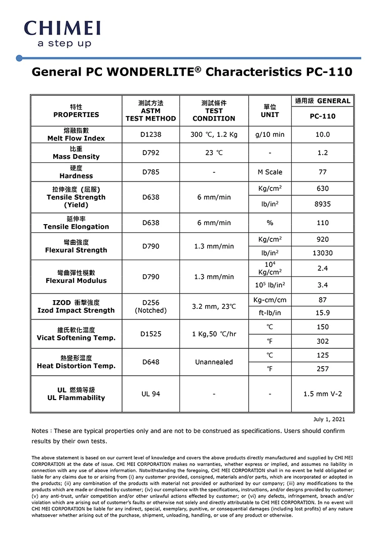 CHIMEI PC110 Polycarbonate - High Impact, Transparent Resin
