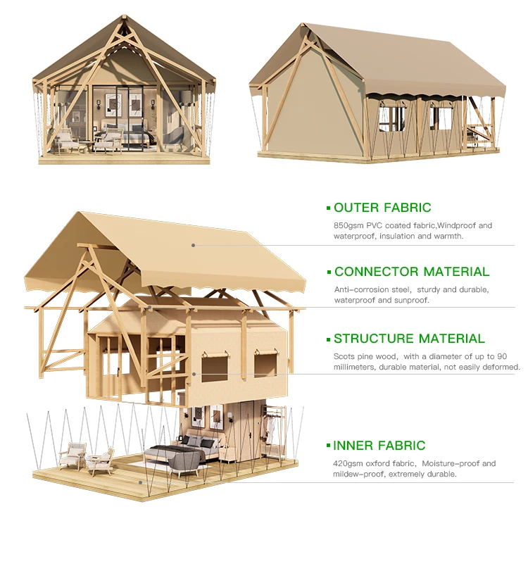 E Grade Glamping Luxury Wood Structure Waterproof Tents
