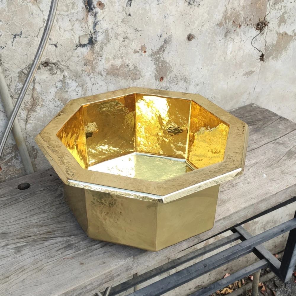 Handmade Octagon Shaped Hand Hammered Gold Color Brass Sink