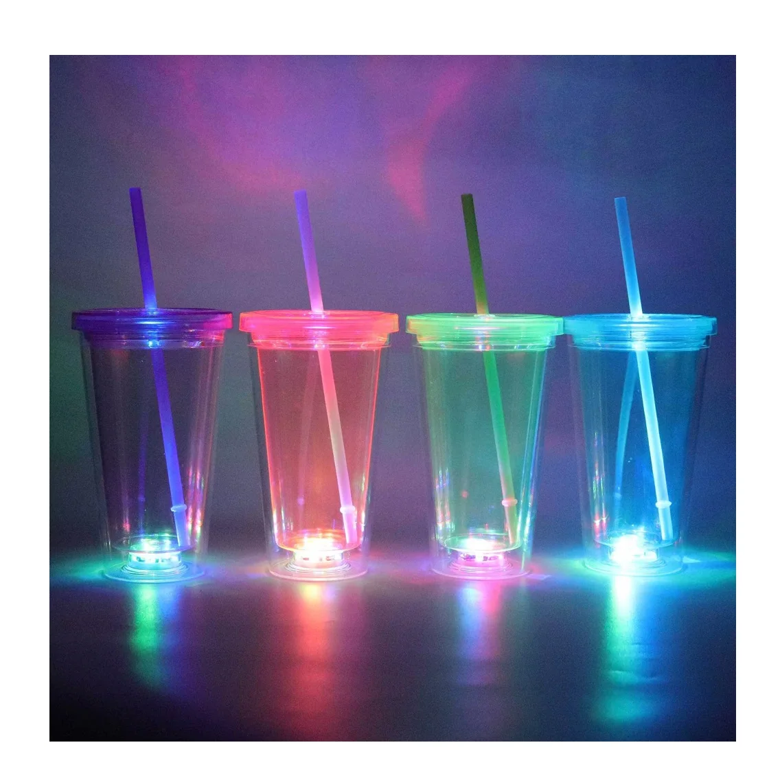 Led Flashing Double Wall Tumbler With Lid And Straw Colorful Plastic ...
