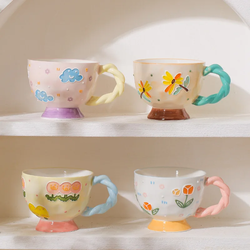 Lelyi Ins Cute Relief Flower Ceramic Cup Household Simple Large ...
