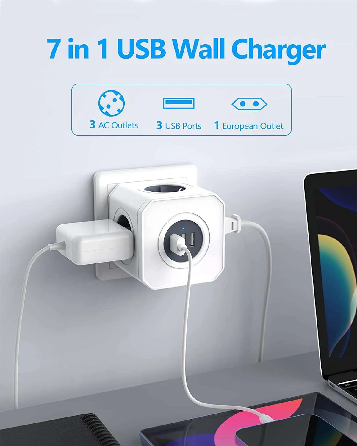 European Wall Socket Cube - 4 AC and 3 USB Charging