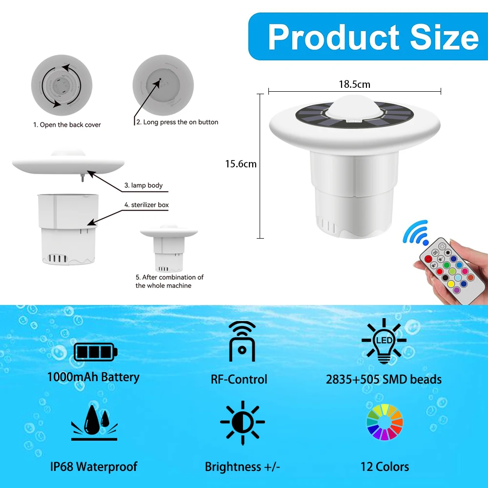 IP68 Under Water Solar Powered Floating Swimming Pool Disinfection ...