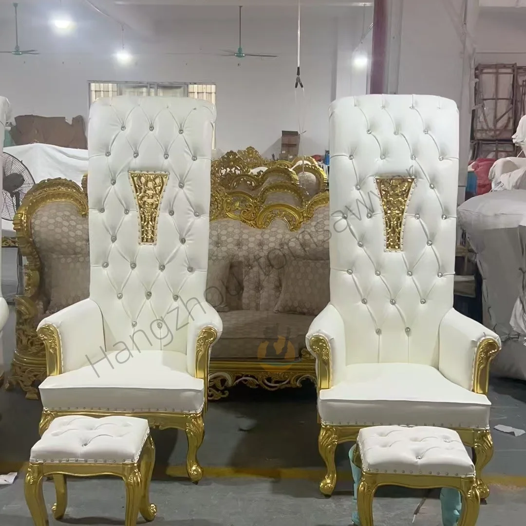 King and Queen High Back White Gold Throne Chairs for Weddings
