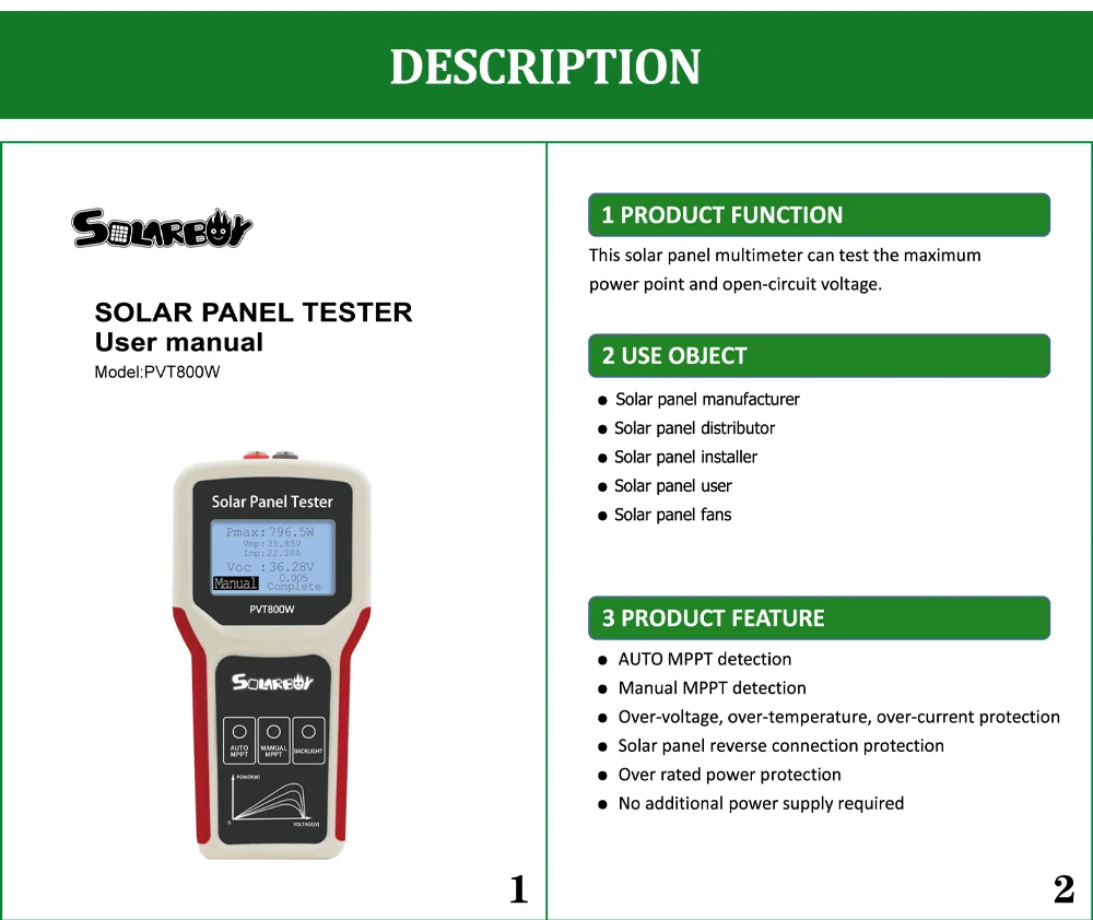 WHC Solar Panel Mppt Tester Multimeter Solar Panel Tester