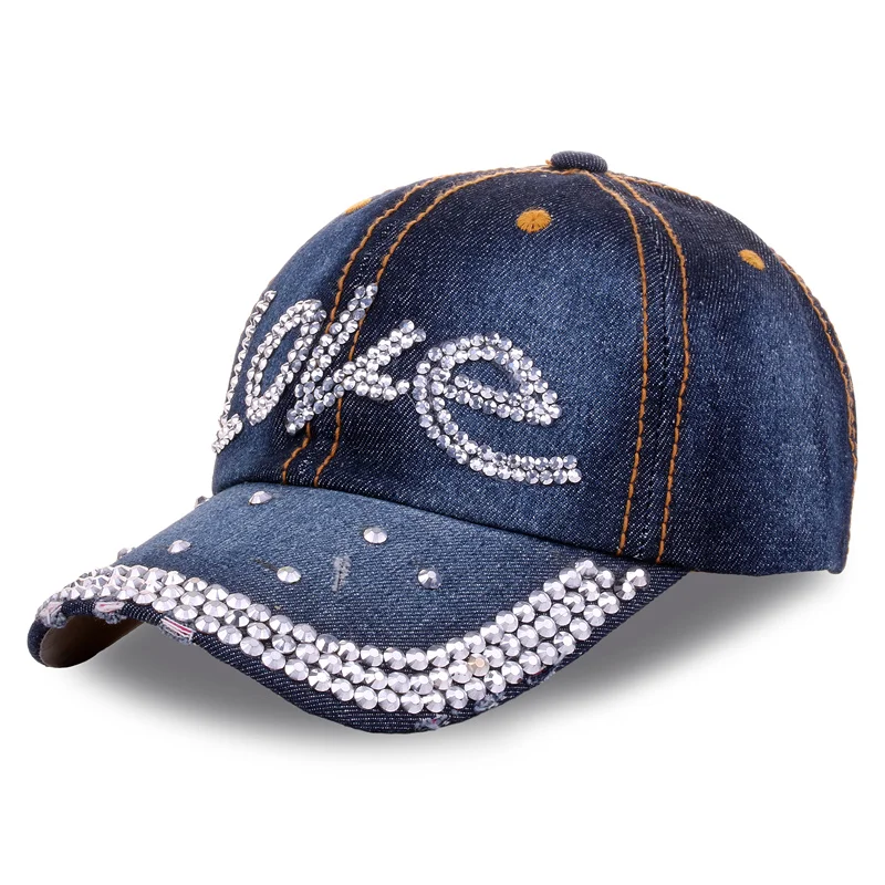 Custom Logo Bling Rhinestone Denim Women Distressed Baseball Cap ...