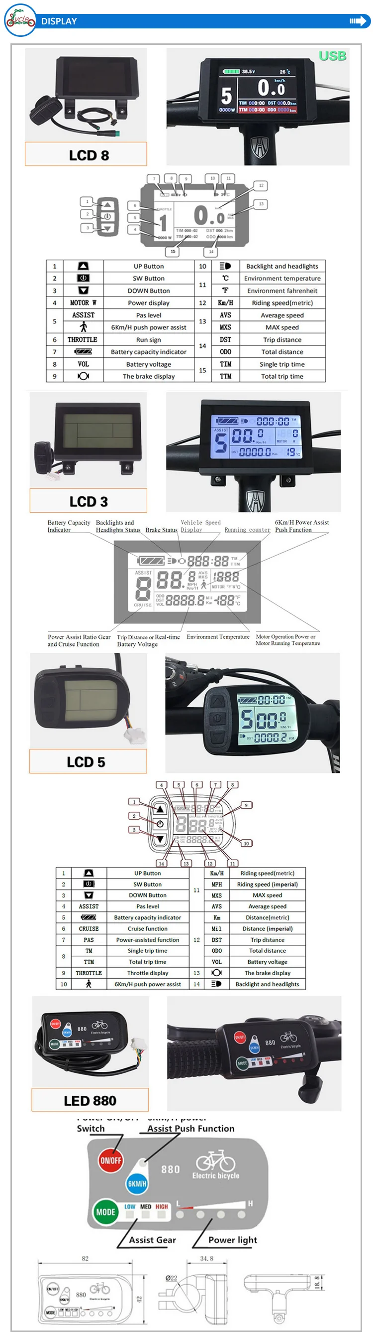 Electric Bike Color Displayoled Display For Digitech 24v 36v 48v ...