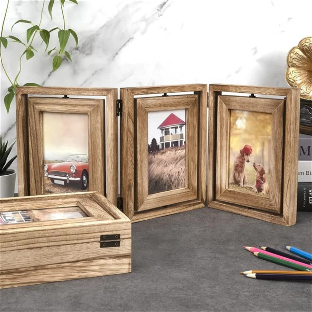 Carbonized Brown Wood Hinged Folding Triple Picture Frames Double-sided ...