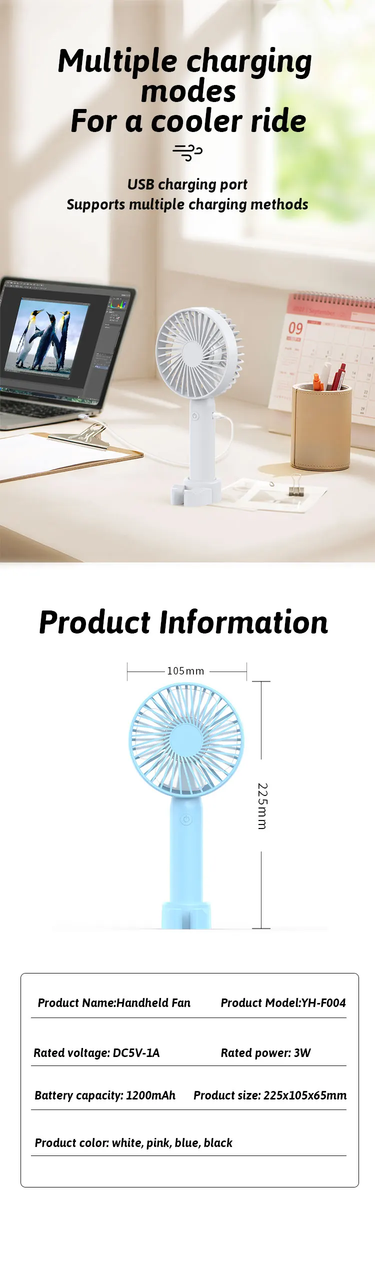 Summer Car Air Cooler 3 Speeds Personal Handy Fan 1200mah Small Battery ...