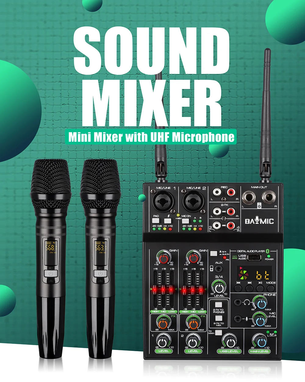Professional 2 Channels UHF Wireless Microphone with Mixer