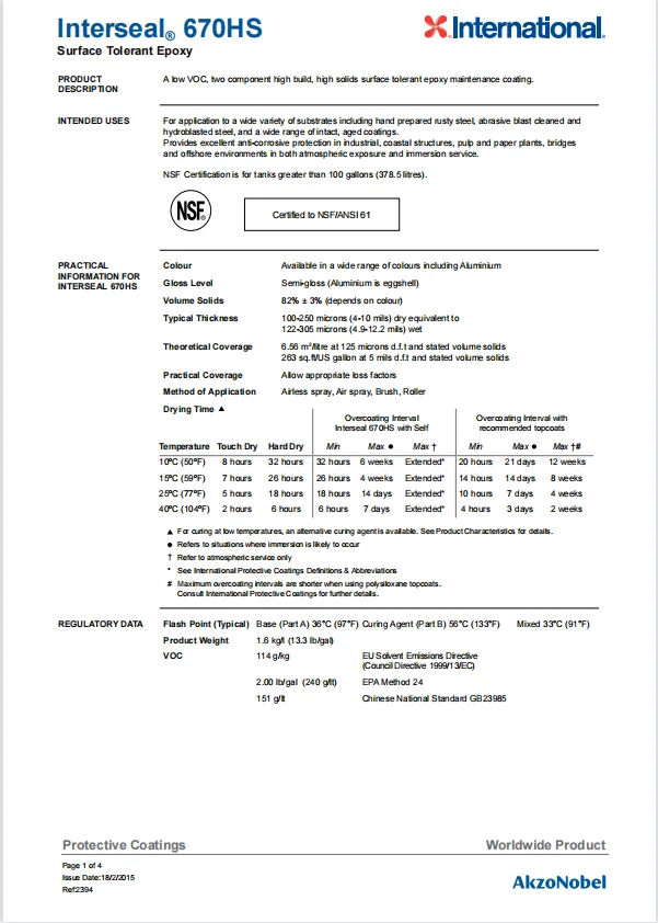 Akzonobel International Interseal 670hs High Solids Surface Tolerant ...