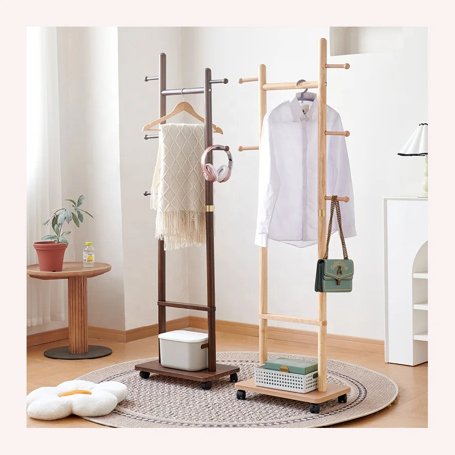 Wood Clothes Hanger Rolling Cart Coat Rack Double Pole Hanger Storage ...