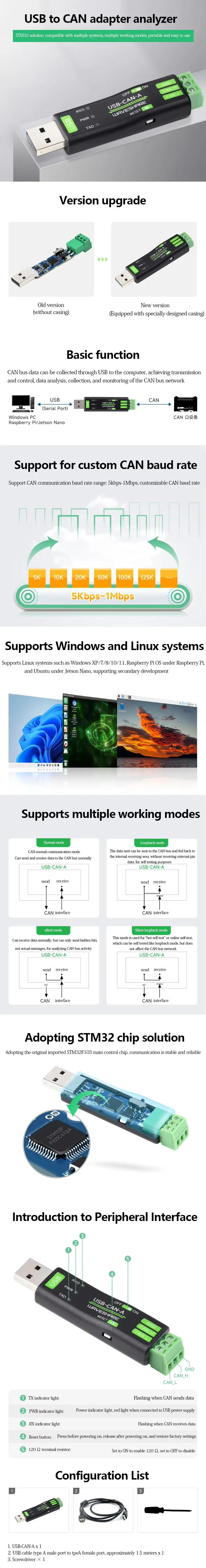 Waveshare STM32 Based USB-CAN-A Bus Adapter Custom Baud Rates Multiple ...
