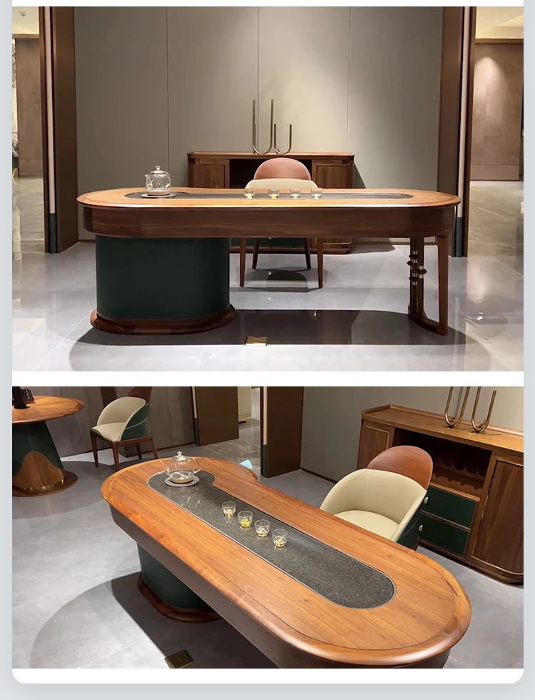 Wooden Reception Desk Long Square Tea Table Set Walnut Color Coffee ...