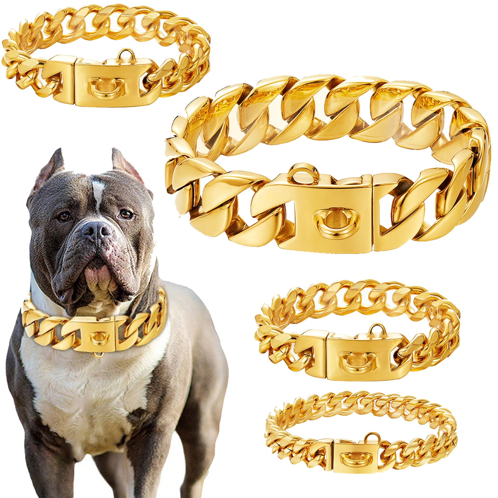 Gold Dog Chain Collar 14/19/23/32mm Wide Pet Metal Stainless Steel Chew ...