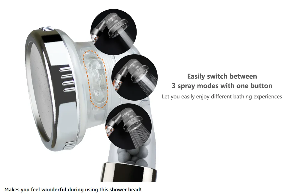 Pressure Water Saving Bath Ionic Hard Water Hand Held 3 Mode Filter