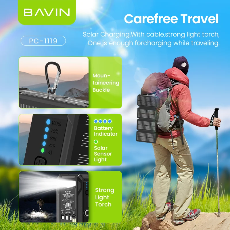 BAVIN Solar Power Bank - 20000mah with 4 Panels Charger