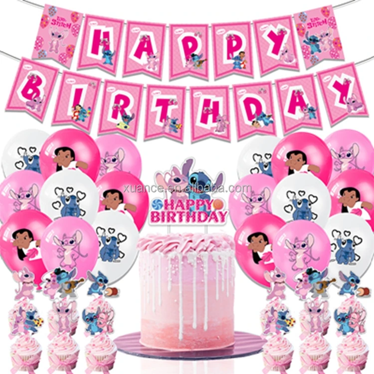 Pink Lilo & Stitch Theme Party Decorations Set Happy Birthday Banner ...