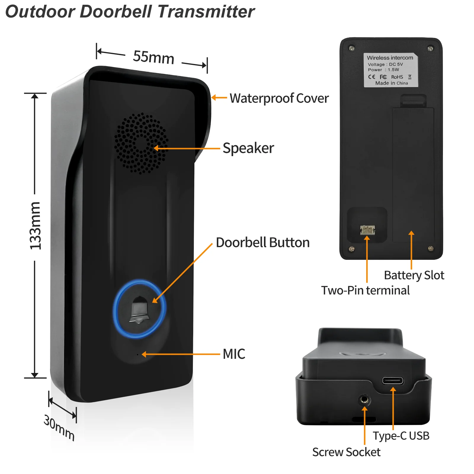 Wireless Voice Intercom Super Long Range Wireless Doorbell 2-Way Audio ...