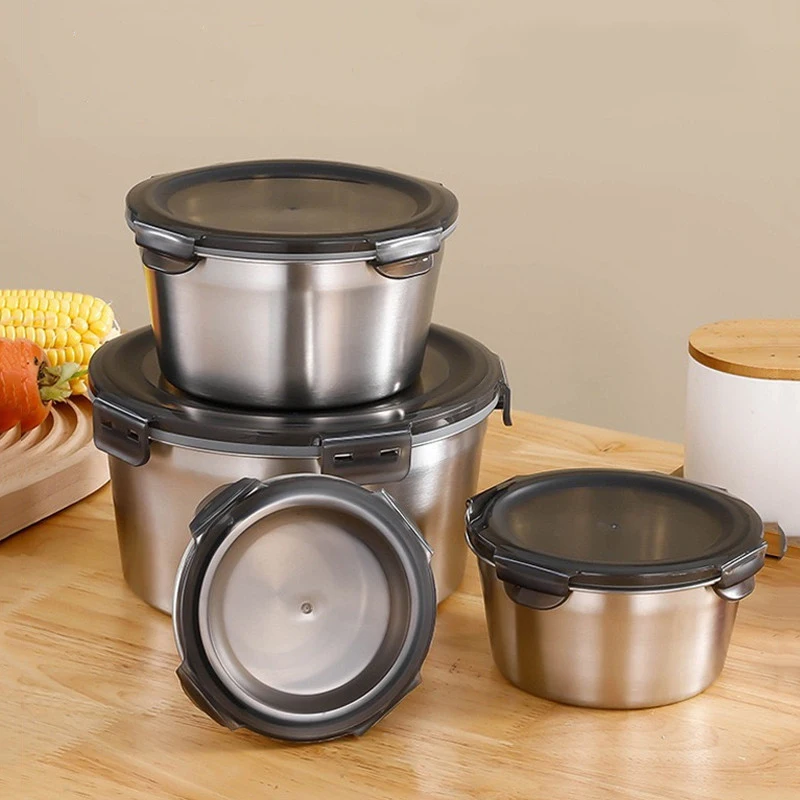 Round Leak-Proof Black Plastic Lid 304 Stainless Steel Lunch Box