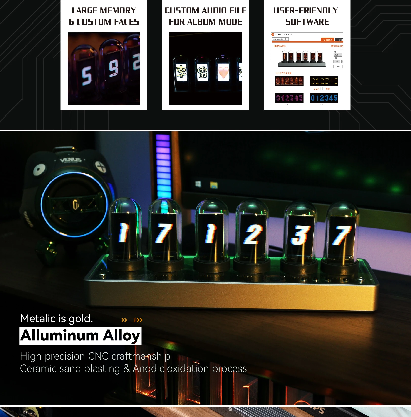 Luxury Colorful Digital Lighting Ips Nixie Wifi Desk Clock For Gaming ...