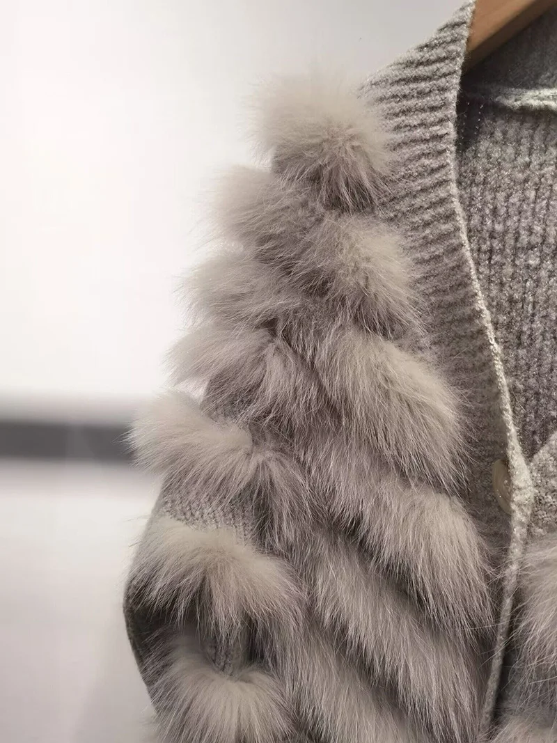 Real Fur Trimming Knitted Fur Coat Loose Women Clothes Furry Collar ...