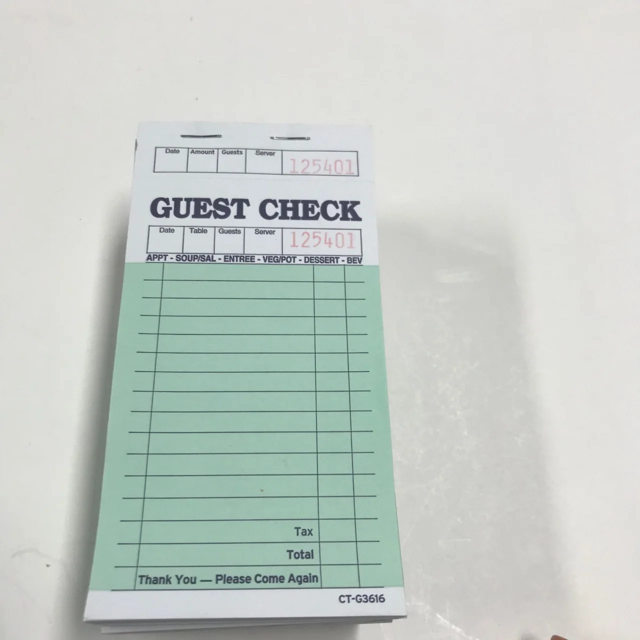 Green Yellow Carbonless Guest Check 2-Part Paper Bill in Various Board ...