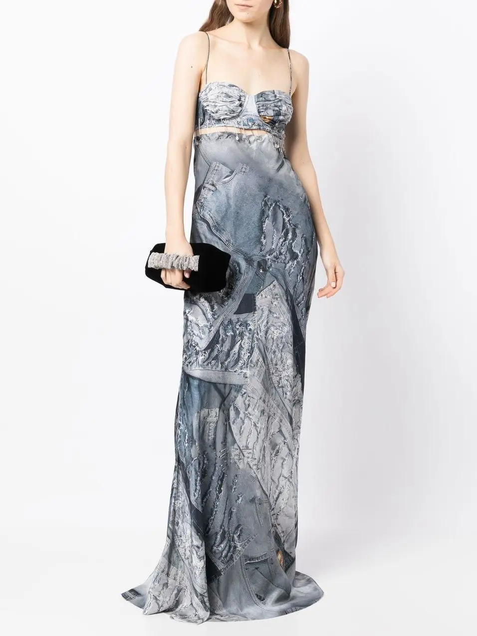 Sexy Women's Denim Print Pin Embellished Suspender Mop Evening Dress ... Sexy Women's Denim Print Pin Embellished Suspender Mop Evening Dress ...