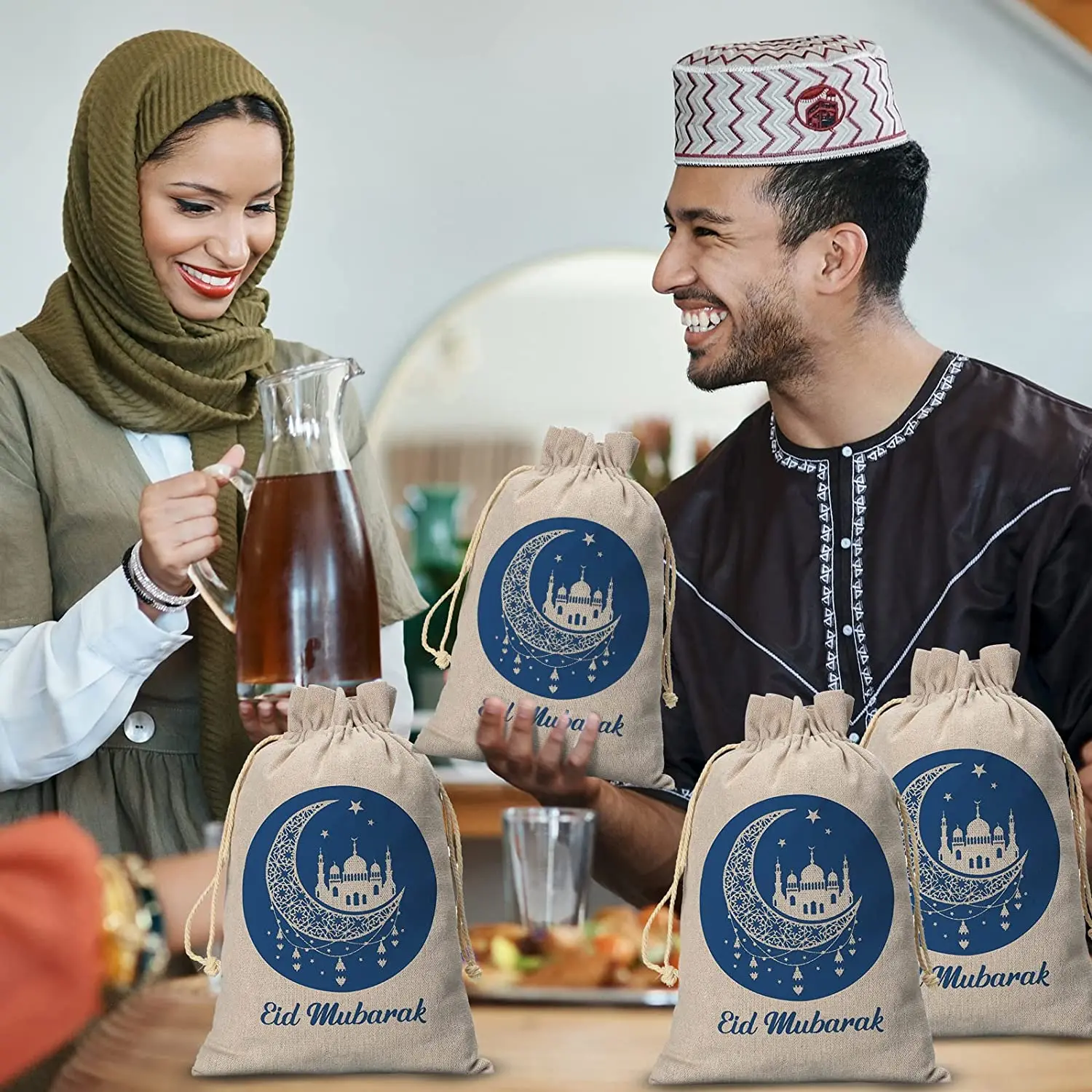 Ramadan Eid Mubarak Recyclable Cotton Drawstring Gift Bag Large ...