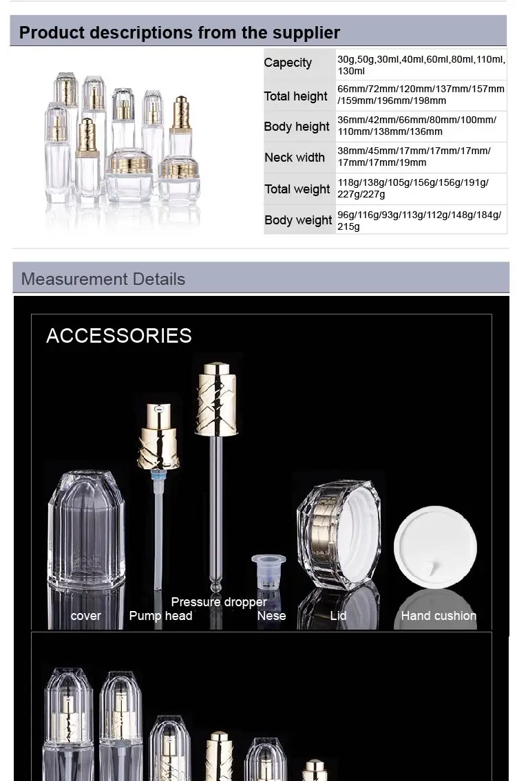 Luxury 30ml 40ml 60ml 80ml 110ml 130ml 30g 50g Glass Bottle With Spray Lotion Pump Cosmetic ...
