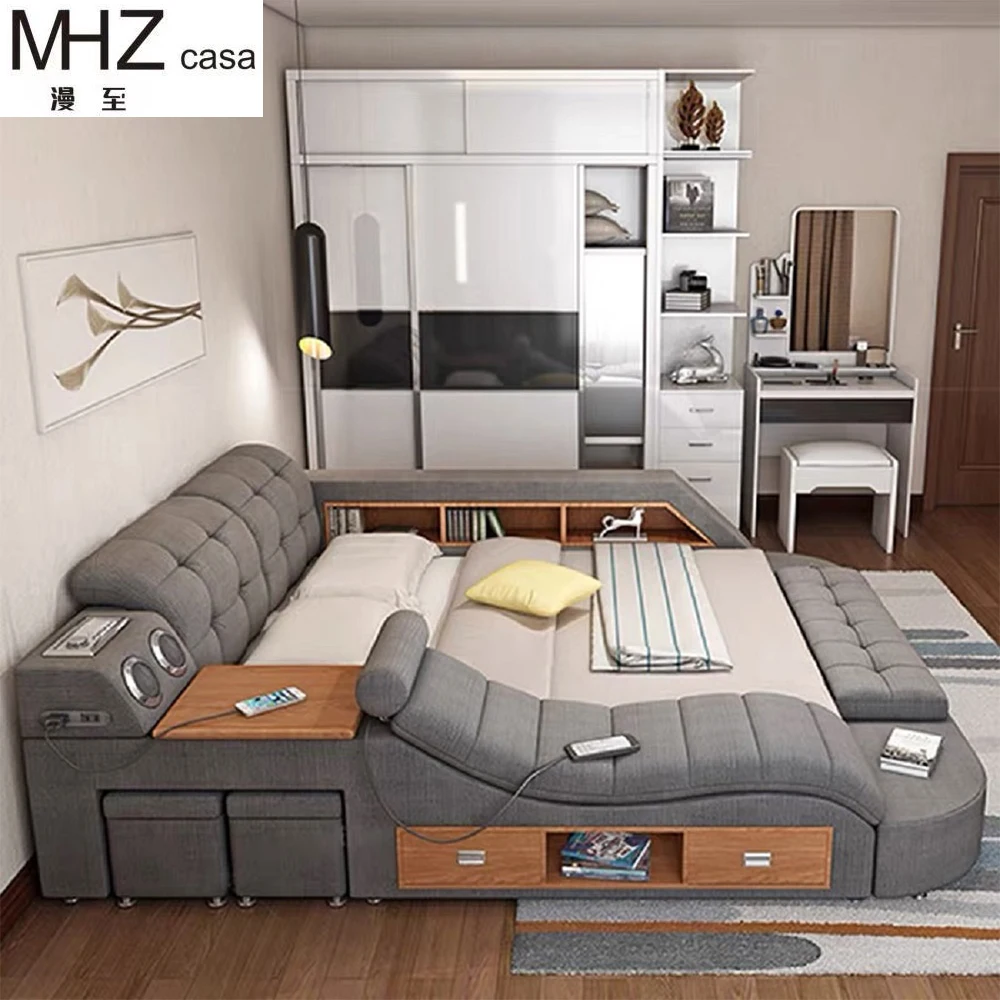 Mhz Casa Modern Smart Furniture Leather Upholstered Bed With Storage King Queen Size Massage ...