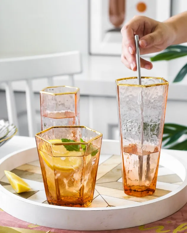 2023 Popular Colored Hammered Glassware Gold Rimmed Cup Different ...