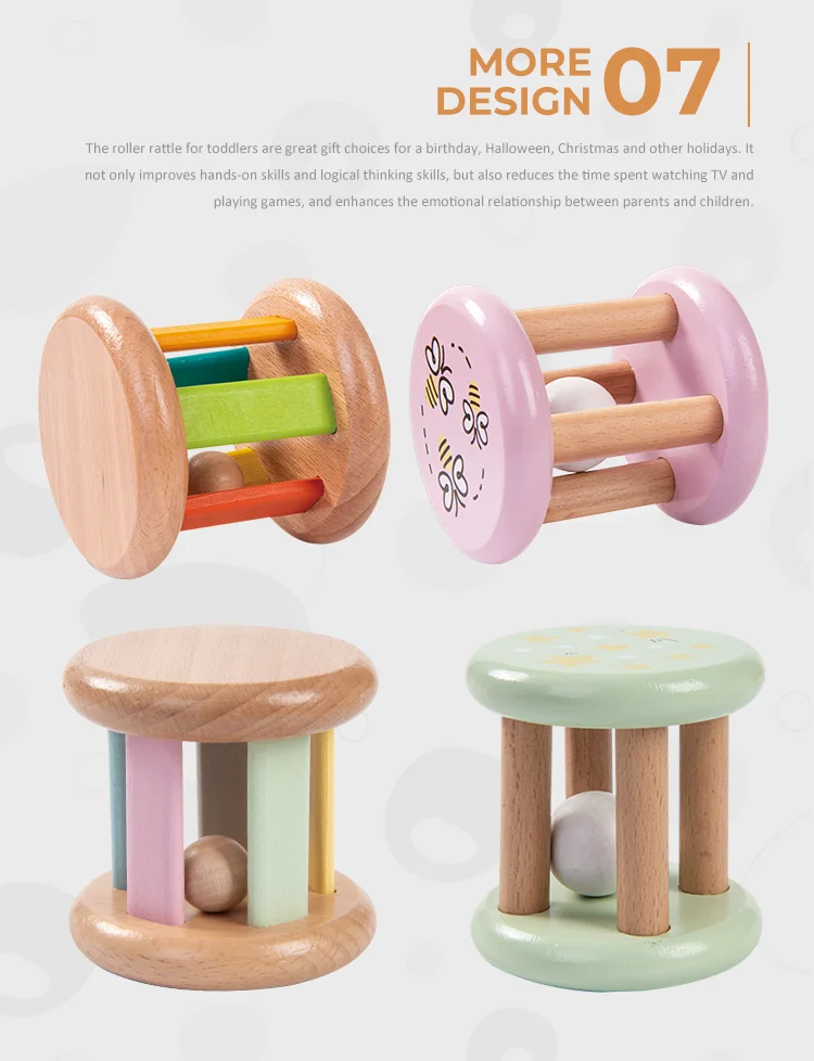 Wooden Baby Bell Rattle Toys Hearing Growing Roller Spinning Baby ...