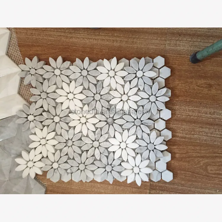 Thassos White Marble Mix Grey Marble Daisy Field Flower Waterjet Mosaic ...