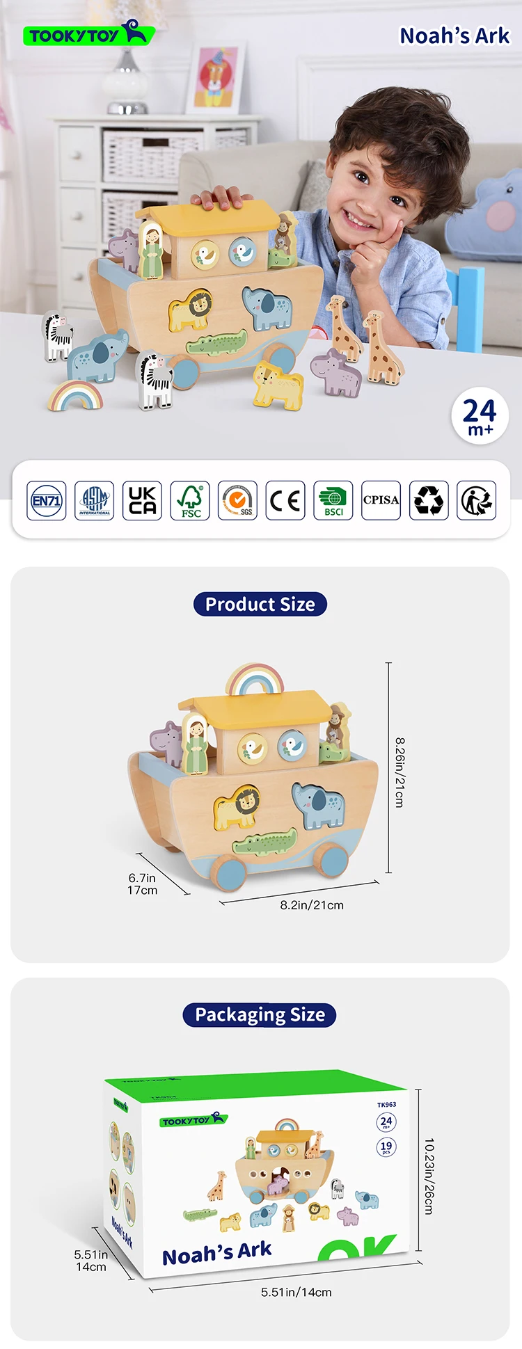 New Design Wooden Toys Noah's Ark Game Animal Block Shape Sorter Ship ...