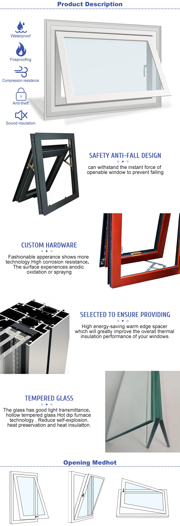 Commercial House Horizontal Storm Windows Aluminum Alloy Double Awning ...