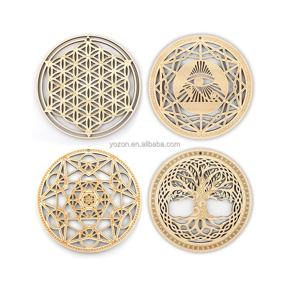 Custom Wooden Sacred Geometry Wall Art Set Of 4,Crystal Grid Meditation ...