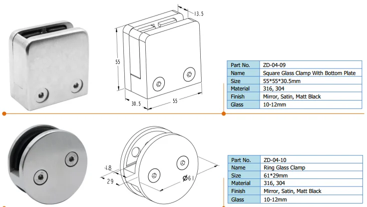 ZD Modern Design Stainless Steel 360 Degree Glass Clamp