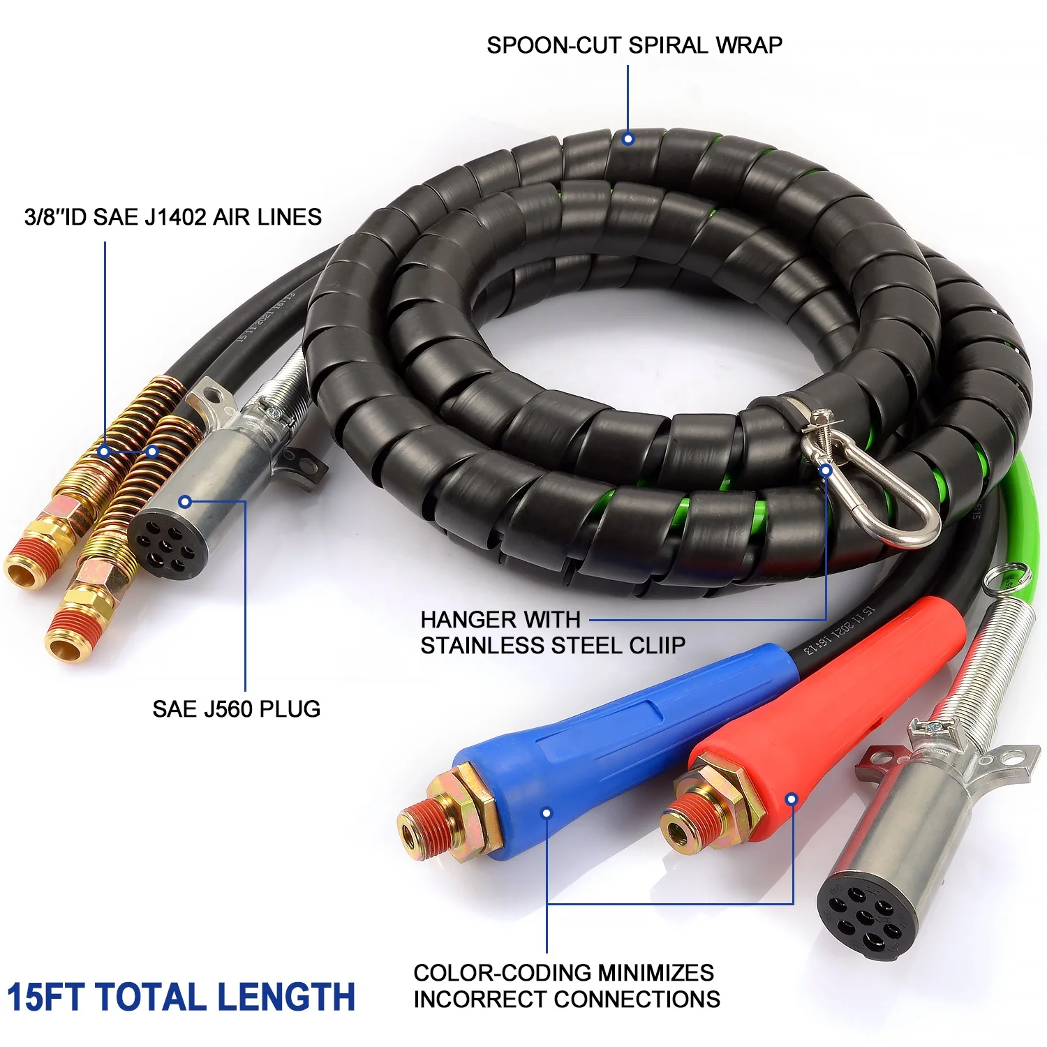 12 Ft Trailer Connector Coil Cable 3 In 1 Truck Hose Spiral Abs ...