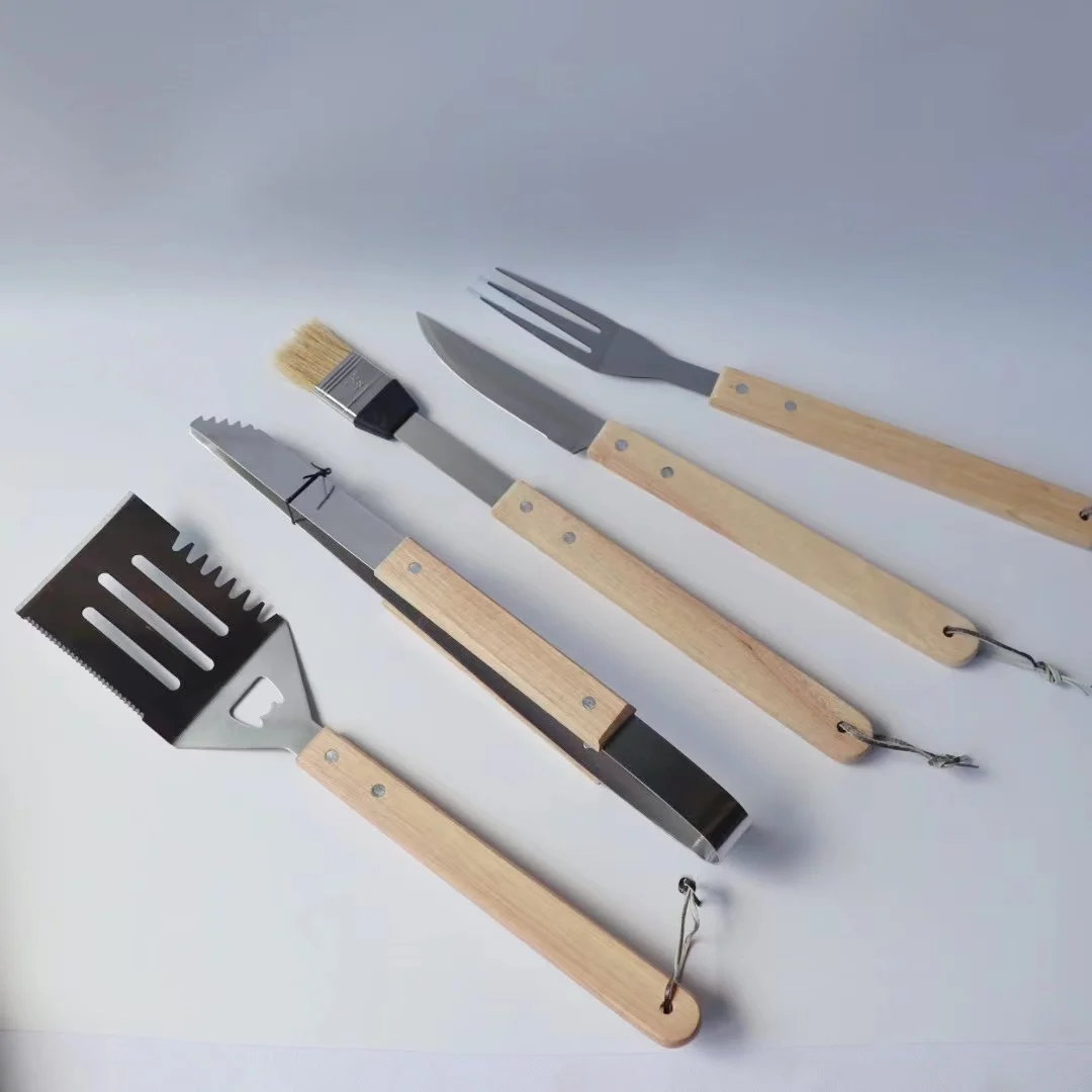Household Outdoor Portable 5pcs Barbecue Cooking Utensils Wooden Handle ...