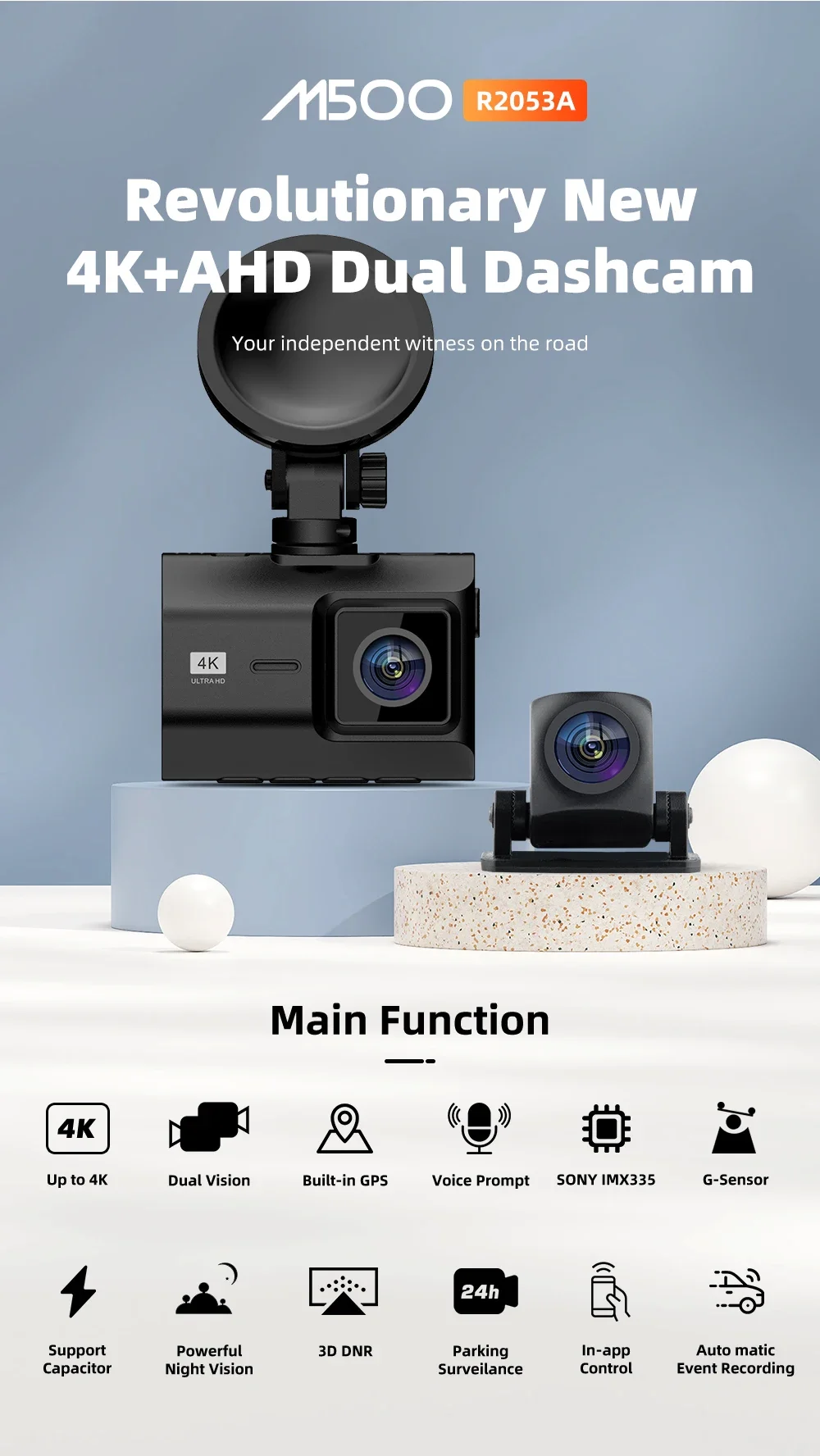 M500 Hd 4k Dashcam Front And Rear Dual Lens Dash Camera 4k+1080p Vision ...