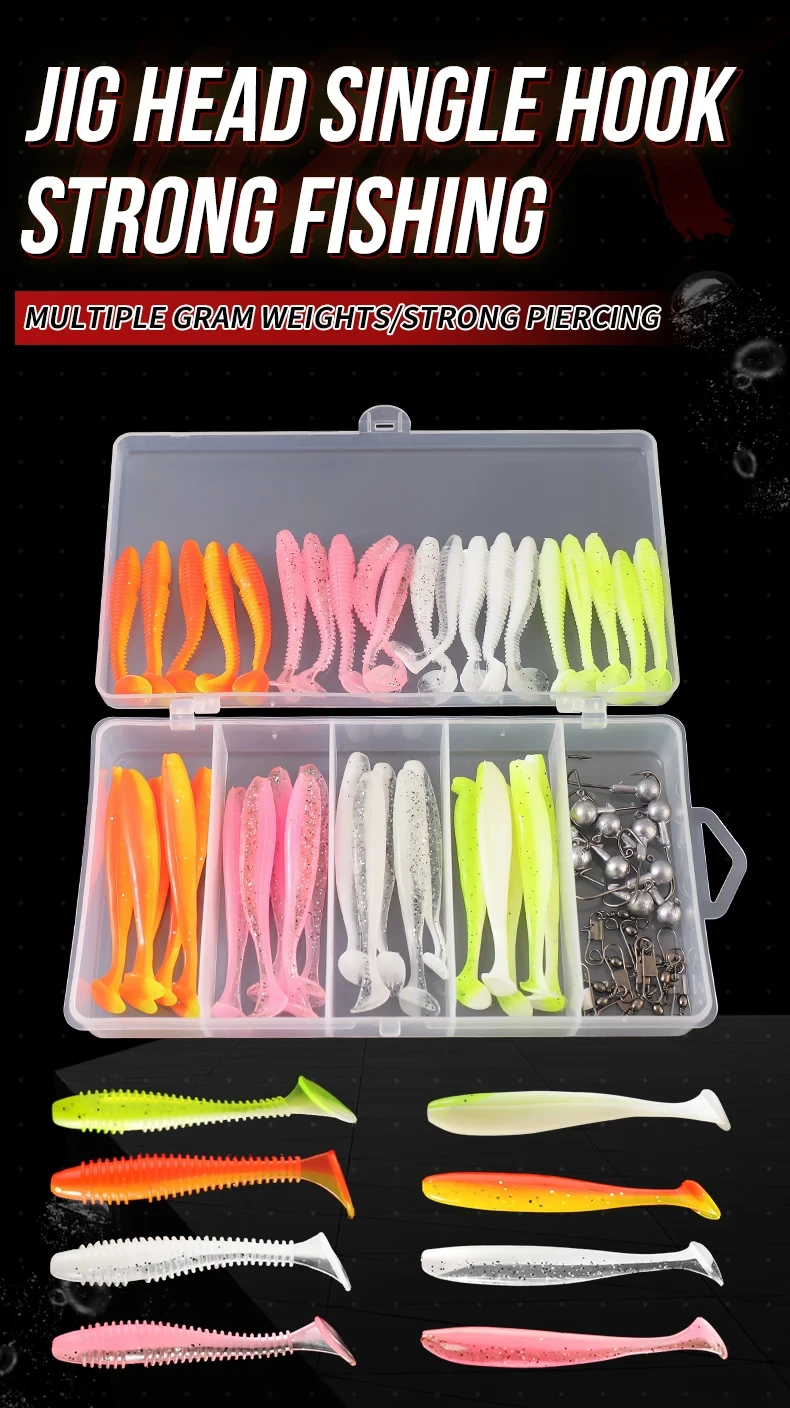 61pcs Fishing Baits Set Stretchable Paddle Tail Soft Fishing Lures Worm ...