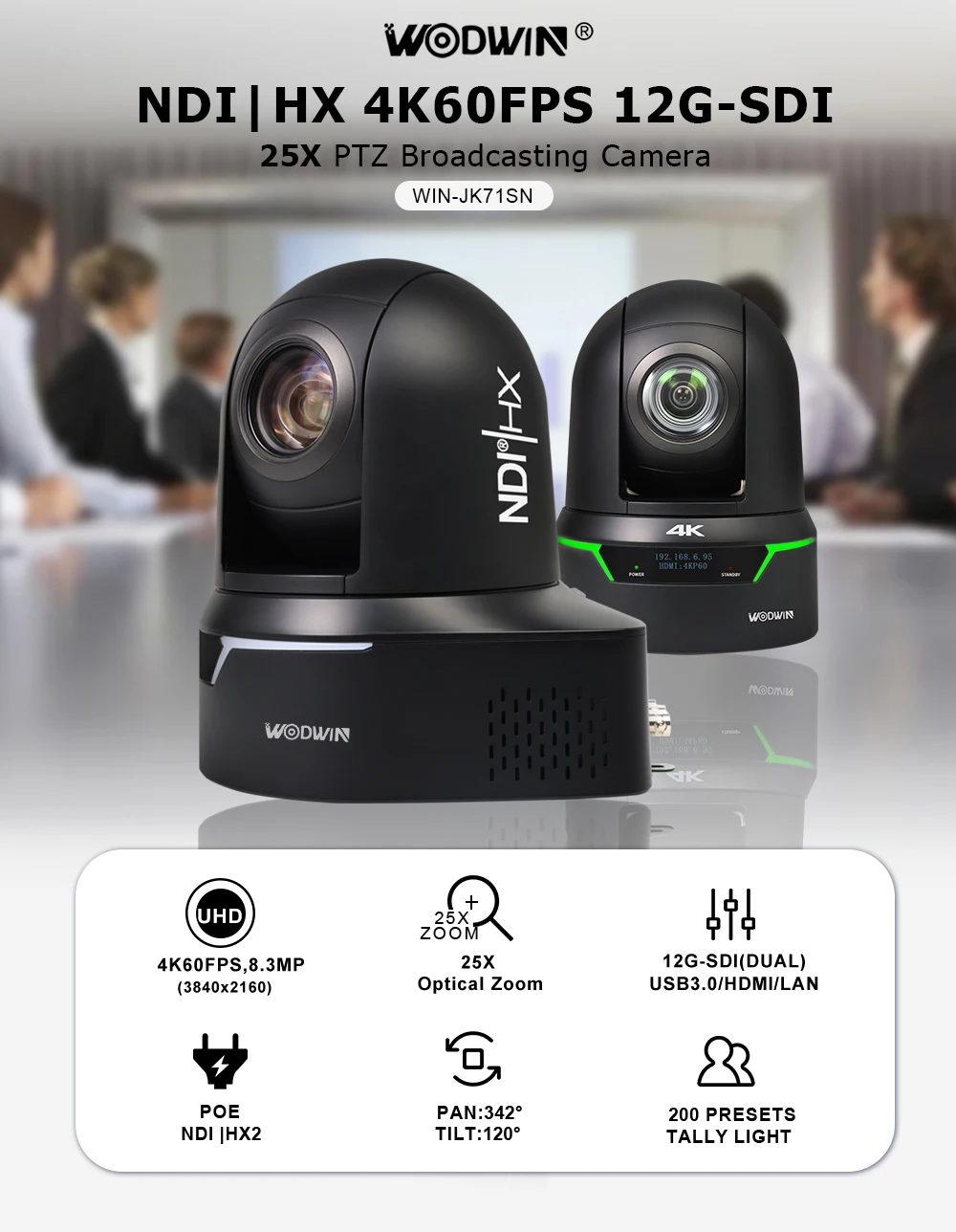 2024 NDI UHD 4K 60FPS 12G SDI 25X Zoom PTZ Live Streaming Camera