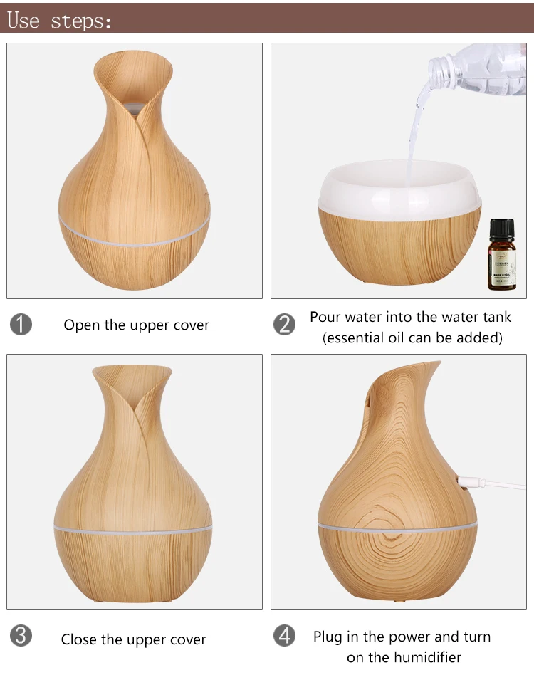 Wood Grain Ultrasonic Air Humidifier - 200ML Vase Design with 7 Color ...