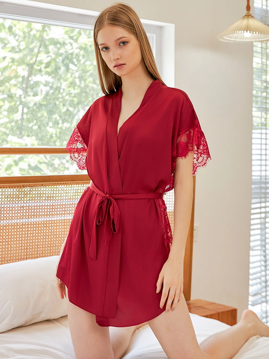 Sexy Women Night Gown Robe Lace Bathrobe Nightgown Halt Sleeve Night ...