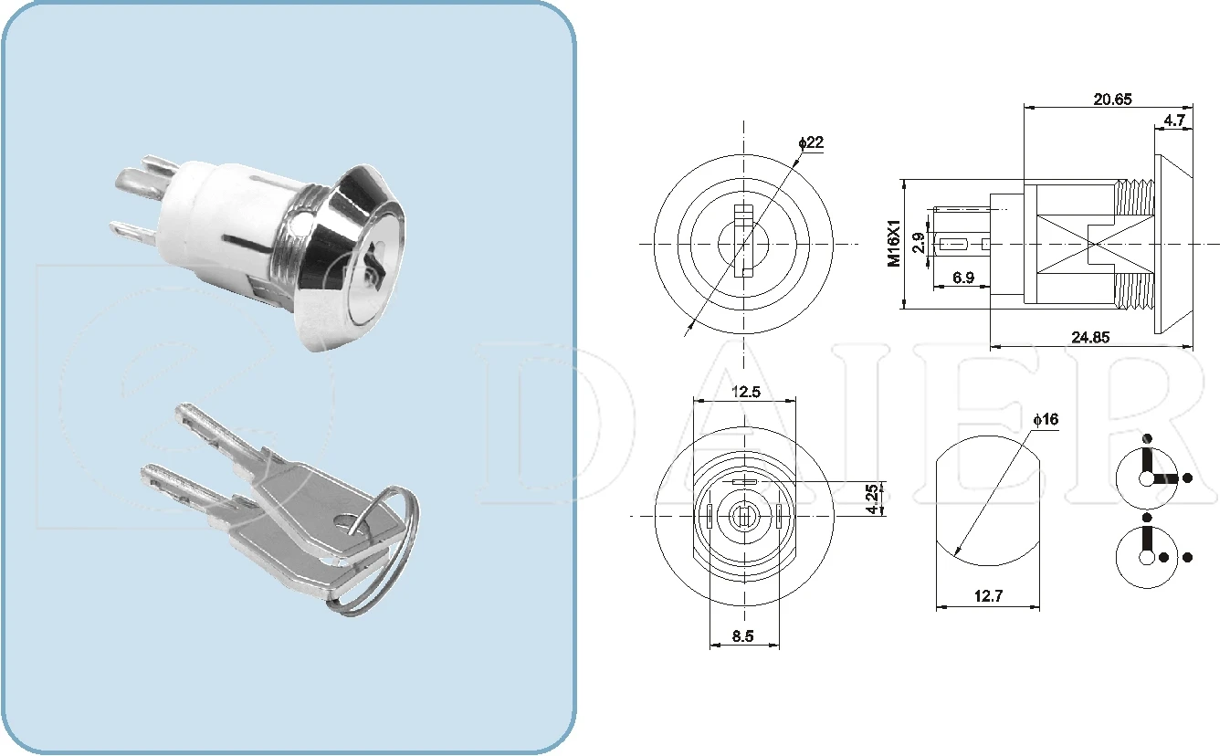 2a 250vac 4a 28vdc 16mm Key Switch On-on Metal Key Switch 2 Position 3 ...